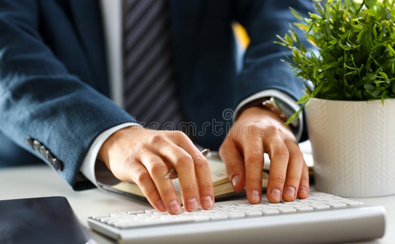 Male Arms in Suit Typing on Silver Keyboard Stock Photo - Image of ...