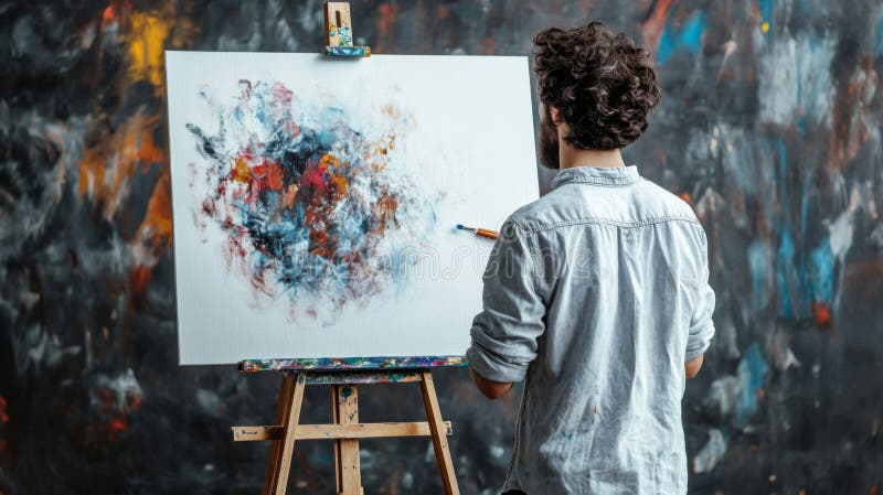 Male Artist Painting Abstract Artwork in Studio Stock Illustration ...