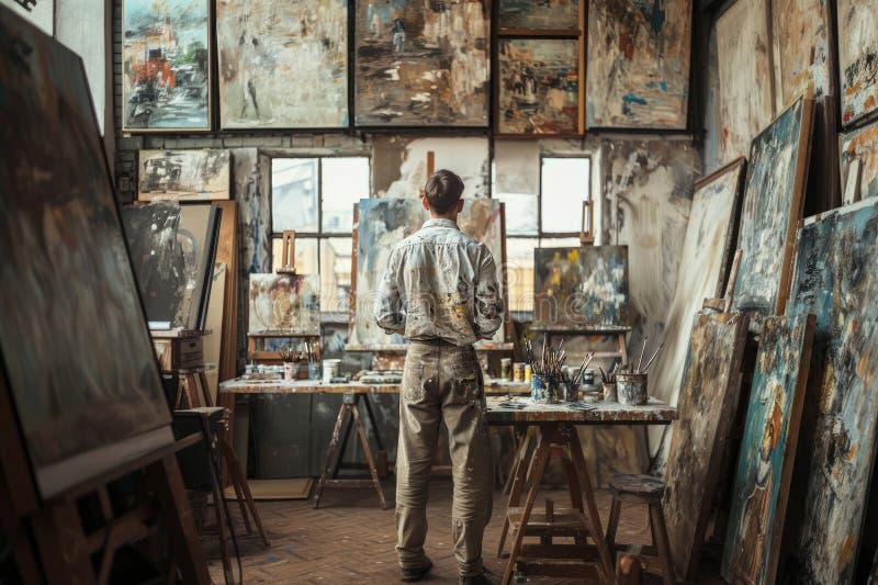 Male Artist Paints a Picture with Paints in the Studio Stock Image ...