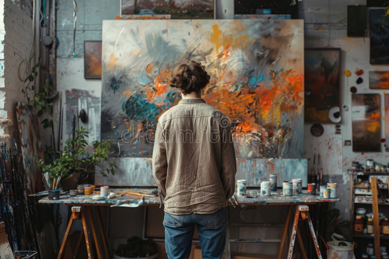Male Artist Paints a Picture with Paints in the Studio Stock Image ...