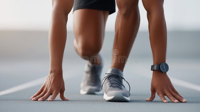 Low Angle View of Male Athlete Crouching at Starting Blocks on Running ...