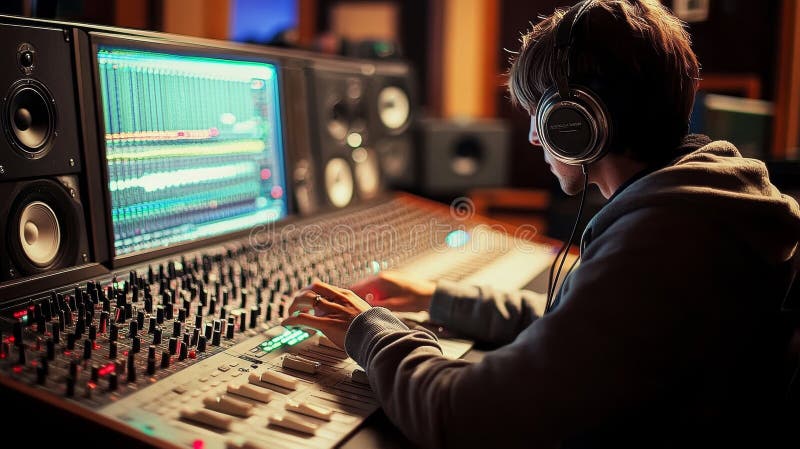 Male Audio Engineer Focusing on Mixing Music on a Mixing Console in a ...