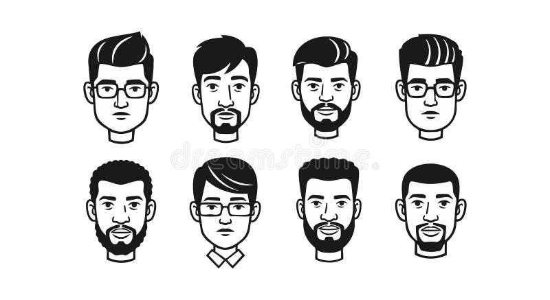 Male Avatar Faces with Various Beard Styles and Glasses in Black and ...