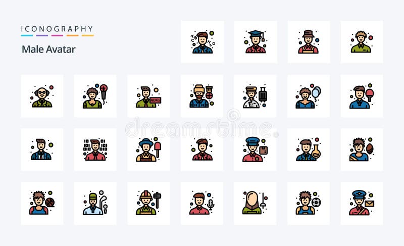 25 Male Avatar Line Filled Style Icon Pack Stock Vector - Illustration ...