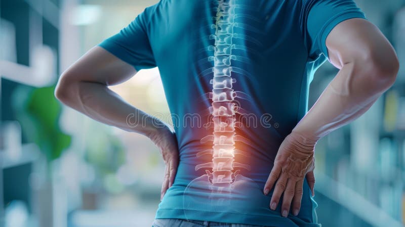 Male Back with Illuminated Spine and Lower Back Pain Stock Illustration ...