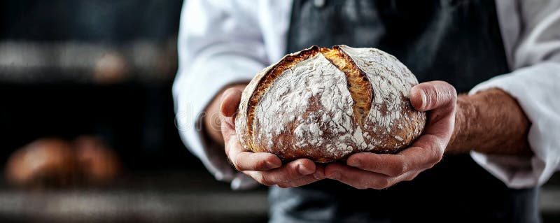 Male Baker Holding Freshly Baked Bread, Modern Restaurant Kitchen ...
