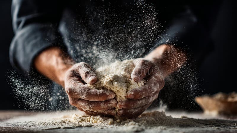 Male Baker Kneading Flour with Hands in Rustic Kitchen Setting Stock ...