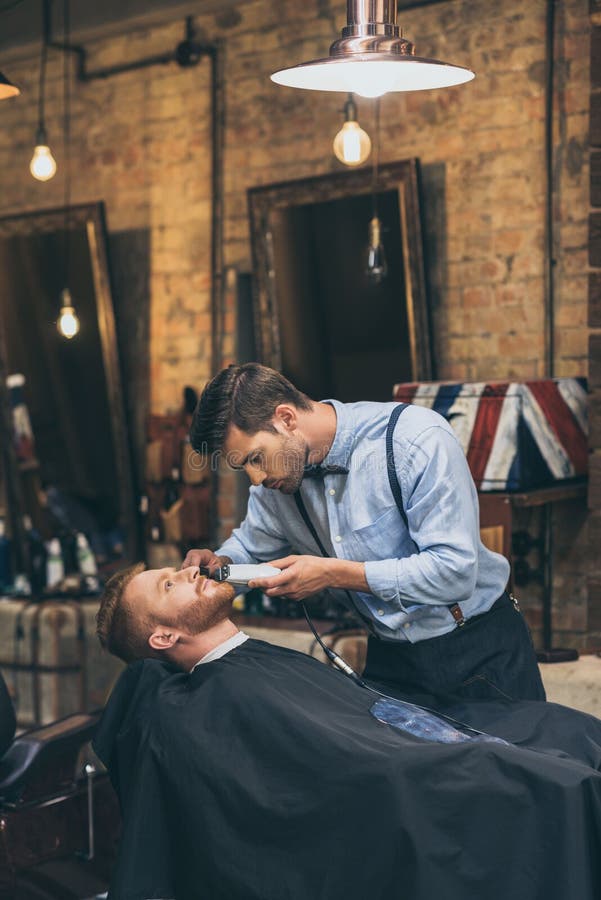 Barber Trimming Customer Beard Stock Image - Image of grooming, bearded ...