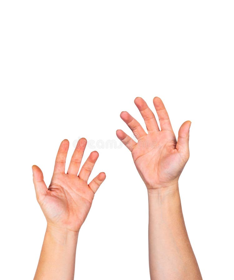 Male Bare Hands with Open Palms Raising Up Against White Background ...