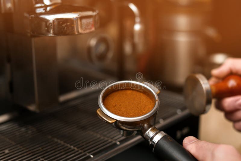 Male Barista Making Espresso Using Professional Coffee Machine Stock ...