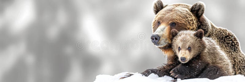 Male Bear and Cub Portrait with Empty Text Space, Object on Right Side ...