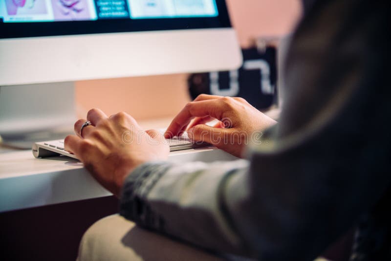 Male Behind a Desktop Computer. Hands Typing. Working at Home, Blogging ...