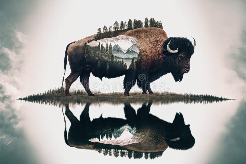 Male Bison Grazing On Grassland With Double Exposure Natural Background Stock Image Image Of