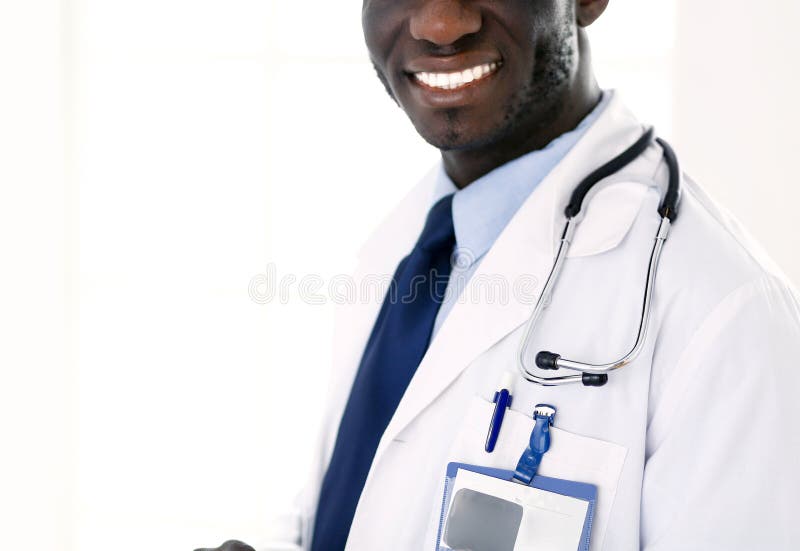 Male Black Doctor Worker with Tablet Computer Standing in Hospital ...