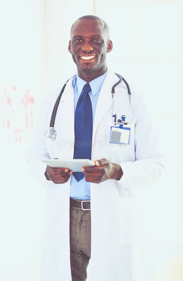 Male Black Doctor Worker with Tablet Computer Standing in Hospital ...
