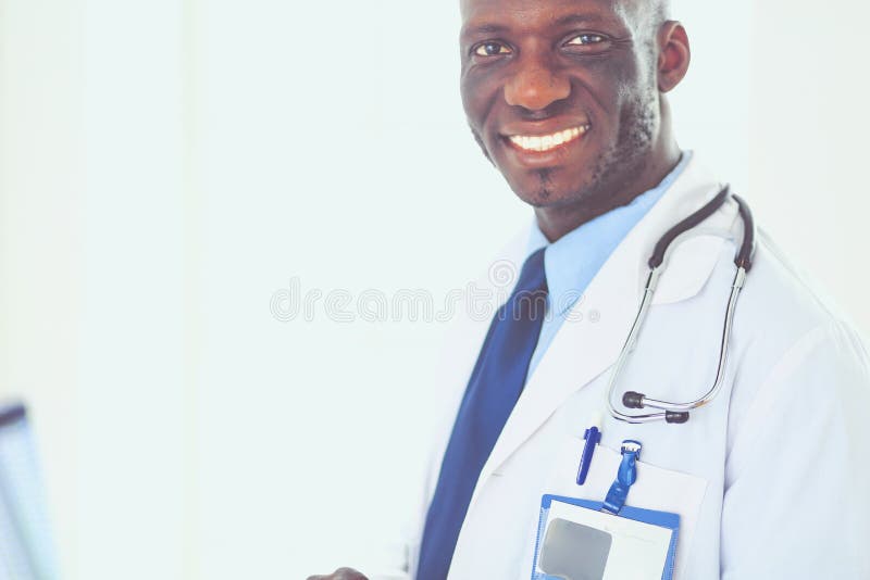 Male Black Doctor Worker with Tablet Computer Standing in Hospital ...