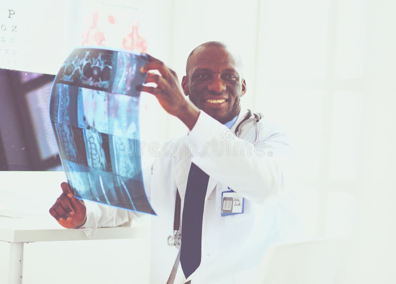Male Black Doctor Worker with Tablet Computer Standing in Hospital ...