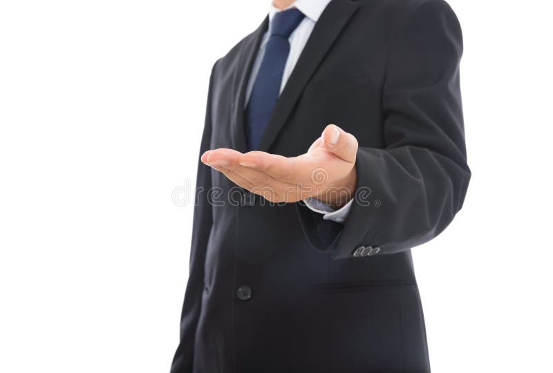 Male in Black Suit with Left Hand Facing Upward Gesture Stock Photo ...