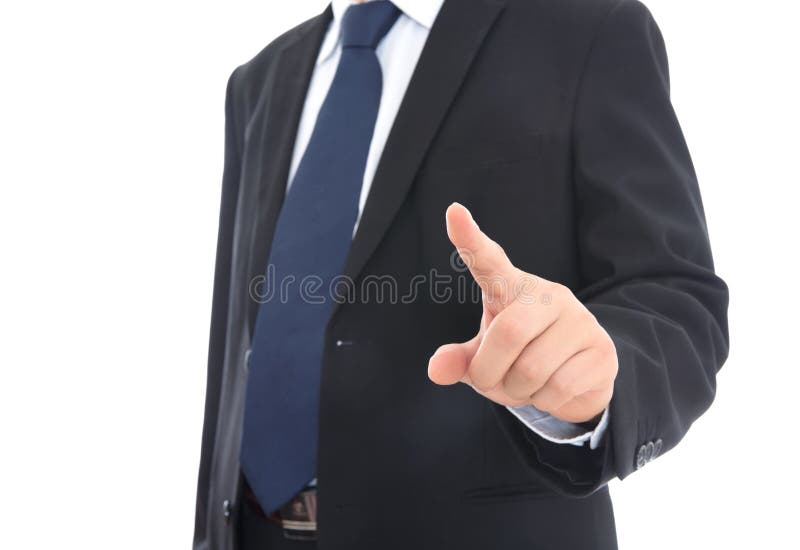 Male in Black Suit with Left Hand Raised Index Finger and Click Gesture ...