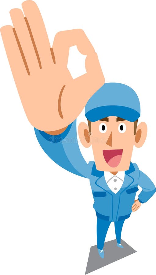 Male in Blue Work Clothes Showing OK Sign with Hand Stock Vector ...