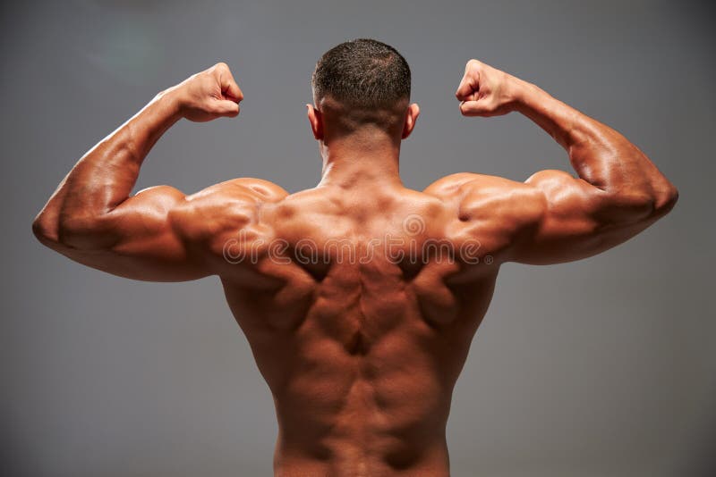 Male Bodybuilder Flexing His Biceps, Back View Stock Photo - Image of ...