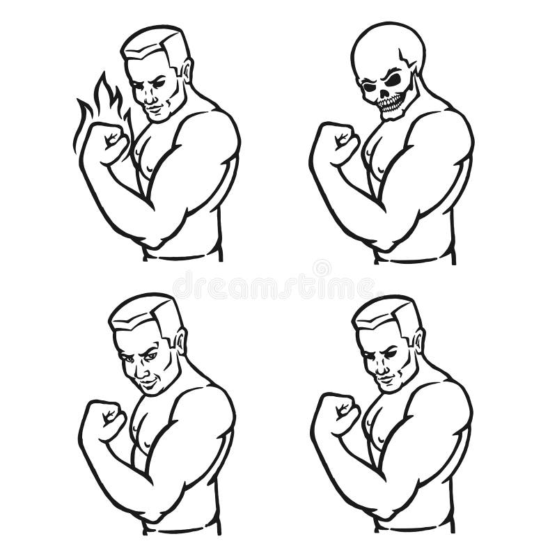 Male Bodybuilder Flexing His Biceps. Hand Drawn Sketch. Outline ...