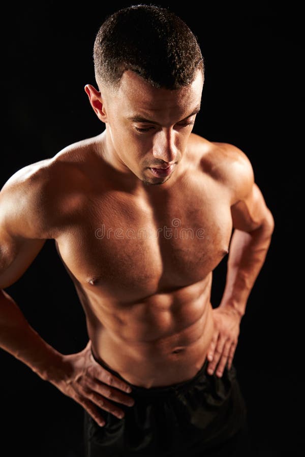 Male Bodybuilder with Hands on Hips, Elevated View Stock Photo - Image ...