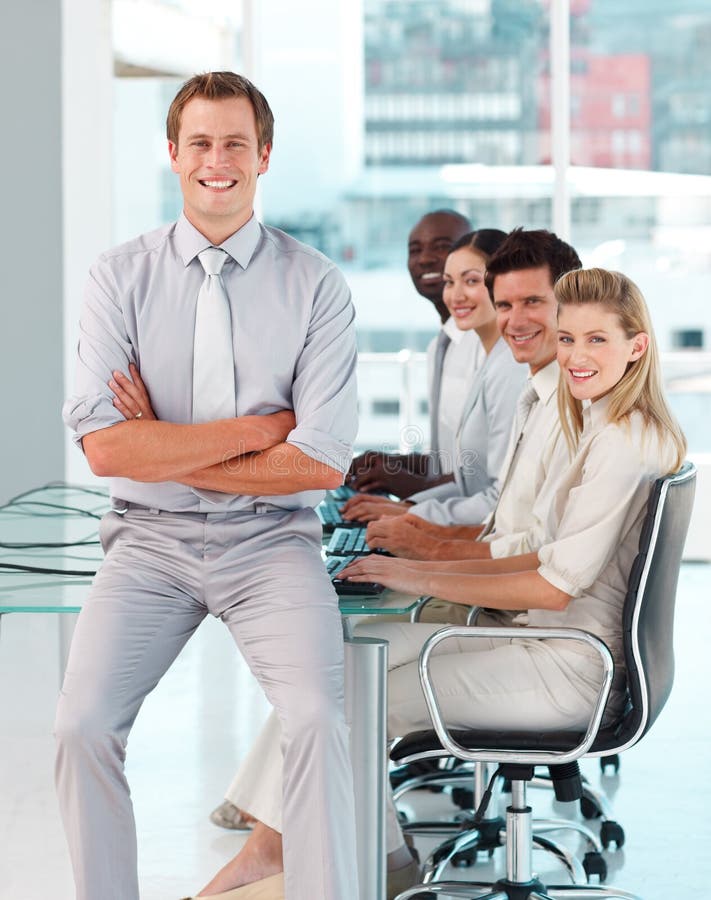 Male boss with his team stock photo. Image of communication - 9373698