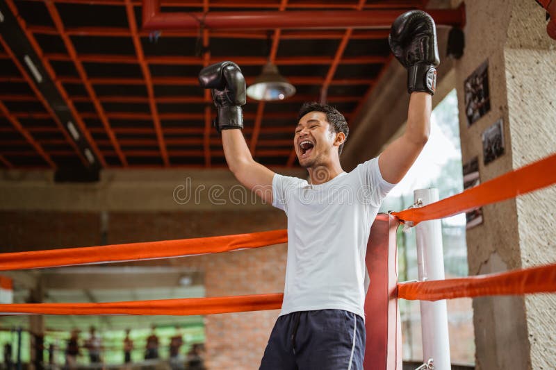 A Male Boxer Happily Standing Raising His Hand Stock Photo - Image of ...