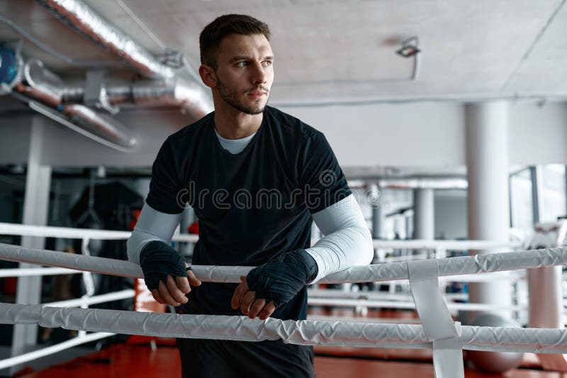 Male Boxer Leaned on Ring Ropes Stock Image - Image of practice ...