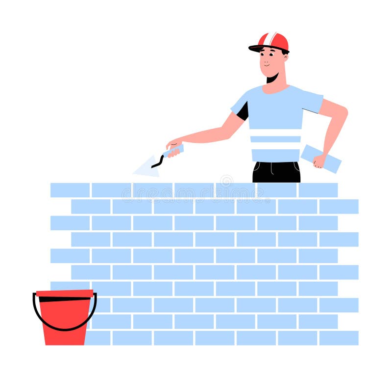 Male Bricklayer Constructing a Wall in Flat Vector Illustration ...