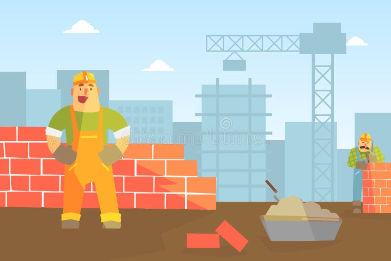 Male Builder Buiding Brick Wall, Construction Worker Character Flat ...