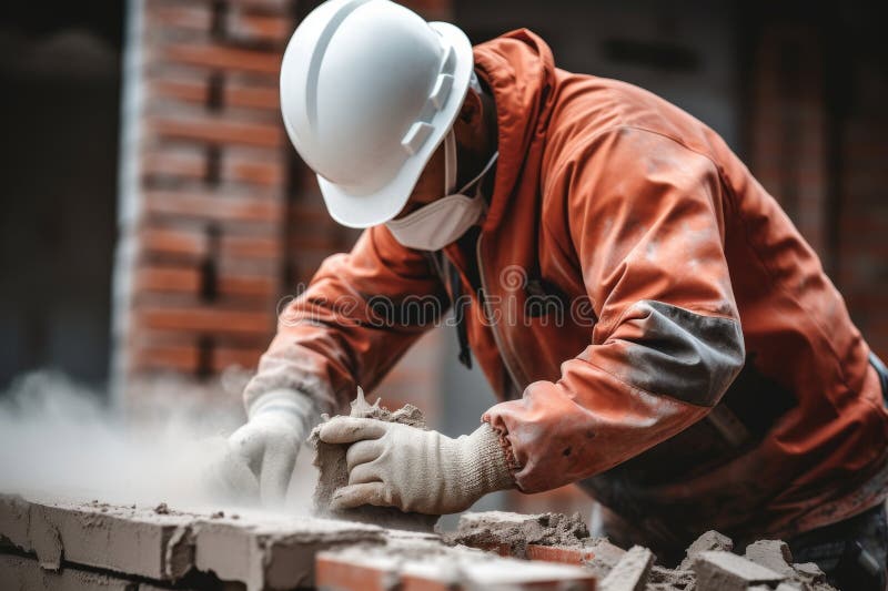 Male Builder Constructing Red Brick Wall with Trowel and Brick, Construction Concept Stock ...