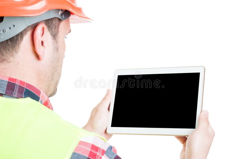 Male Builder with Digital Tablet Stock Image - Image of hardhat, back ...