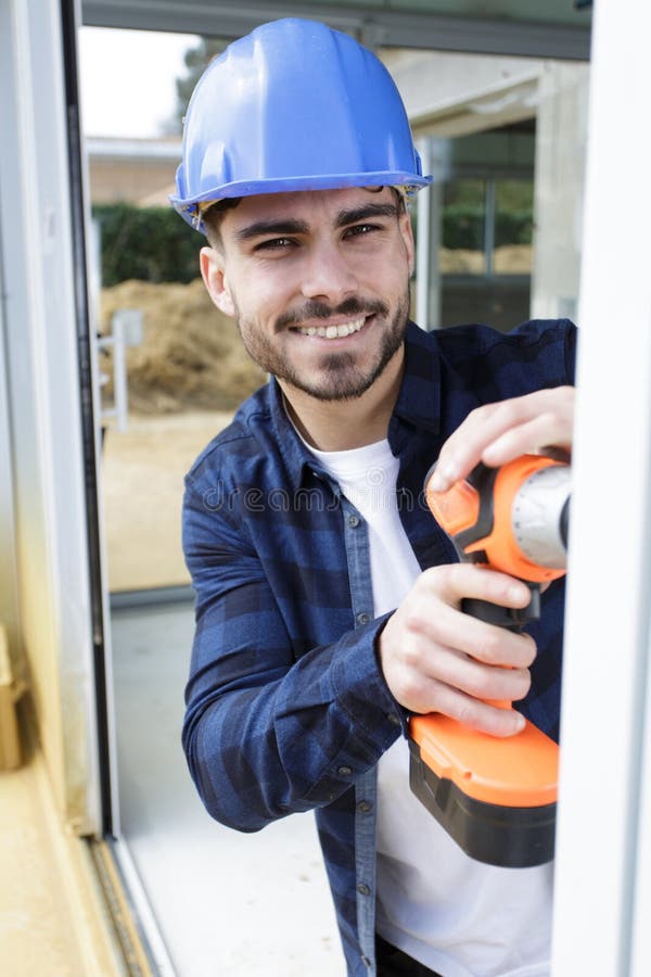 Male Builder Drilling Outdoors Stock Photo - Image of timber, wood ...