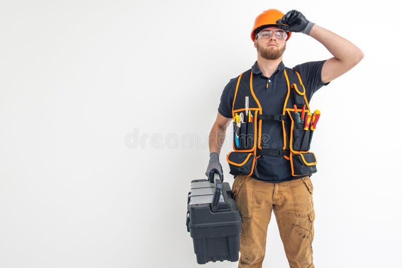 Male Builder Electrical Engineer Overalls Helmet Holds Toolbox Hands ...