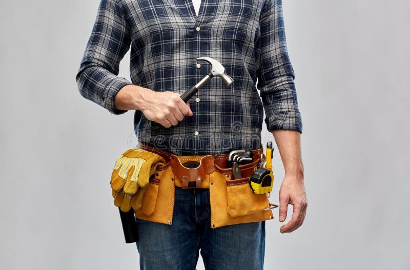 Male Builder with Hammer and Working Tools on Belt Stock Image - Image ...