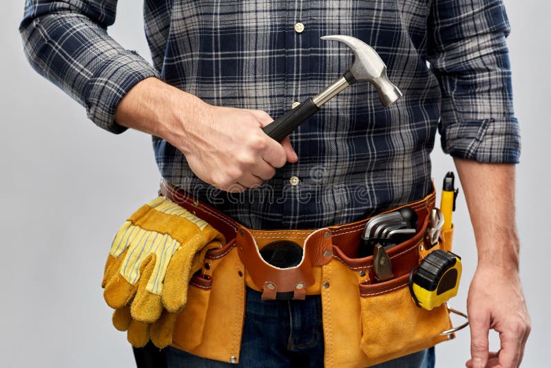 Male Builder with Hammer and Working Tools on Belt Stock Image - Image ...