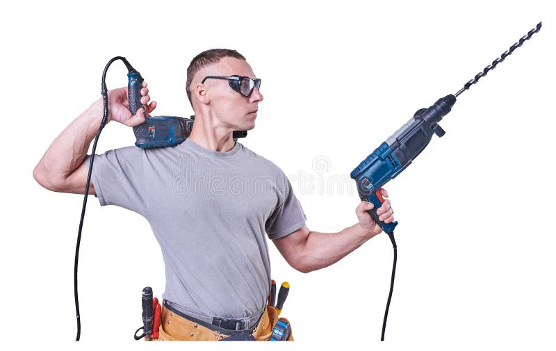 Male Builder Holding Hands Two Drills, Isolated on White Background ...