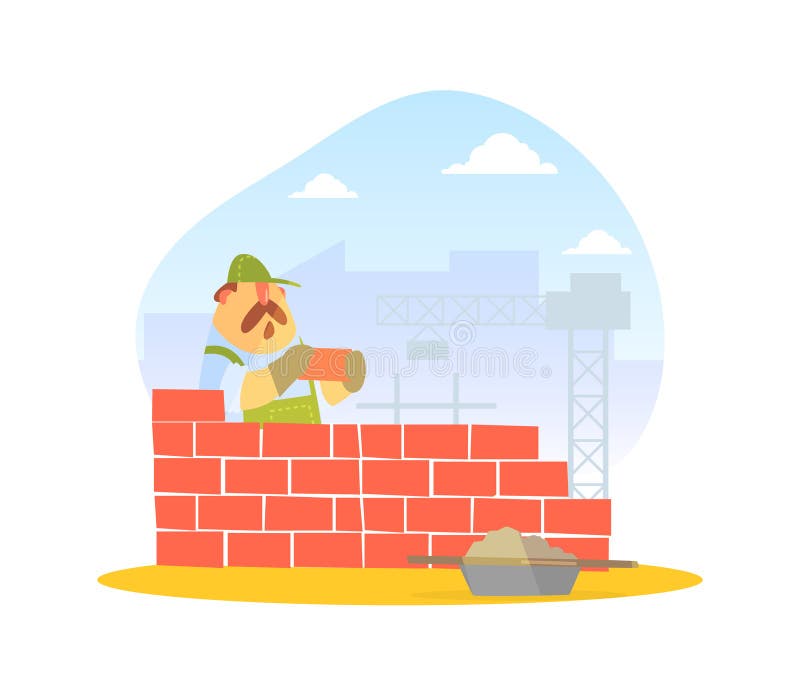Male Builder Laying Bricks in Wall, Construction Worker Character ...
