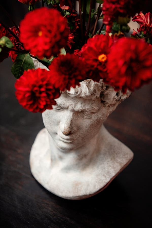 Bust with Red Flowers in a Head Stock Image - Image of beautiful, roman ...