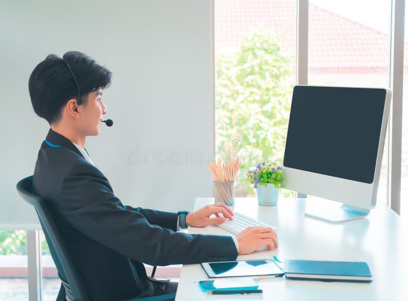 Male Call Center Operator with Computer Screen for Mock Up and Screen ...