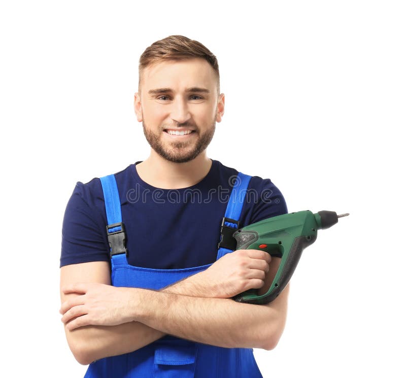 Male Car Mechanic with Drill on White Background Stock Image - Image of ...