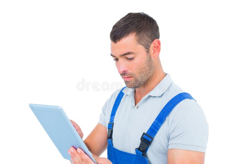 Carpenter Using His Tablet and Drinking a Coffee Stock Image - Image of ...
