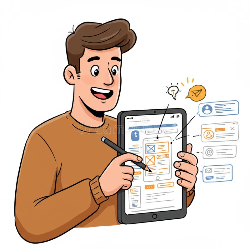 Male Cartoon Character Using a Digital Tablet with a Stylus ...