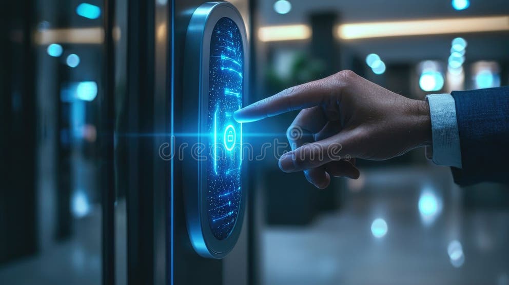 Male Caucasian Hand Pressing Digital Elevator Button in Modern Office ...