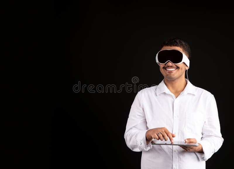 Back View of Man Touching Invisible Screen while Experiencing ...