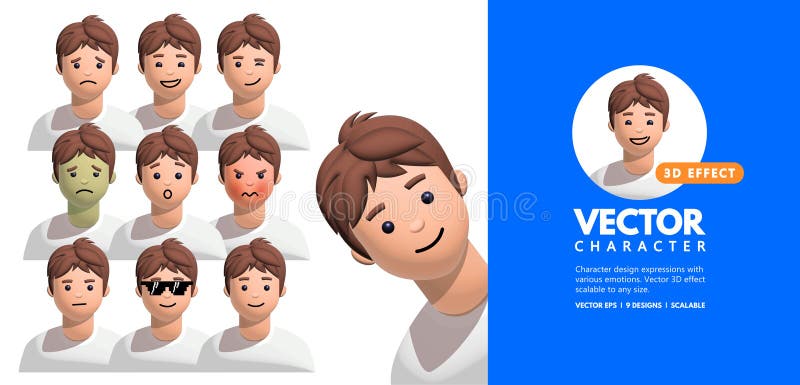 Male Character 3D Effect Avatar with Various Expressions Set Stock ...