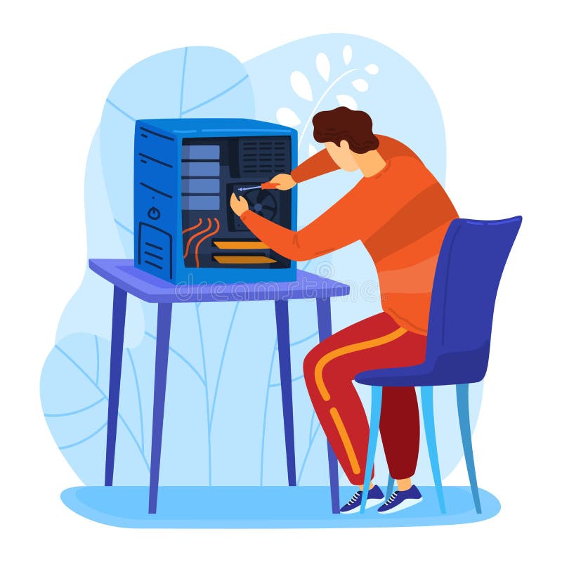 Male Character Engineer Repair Personal Computer, Labour Fix Computing ...