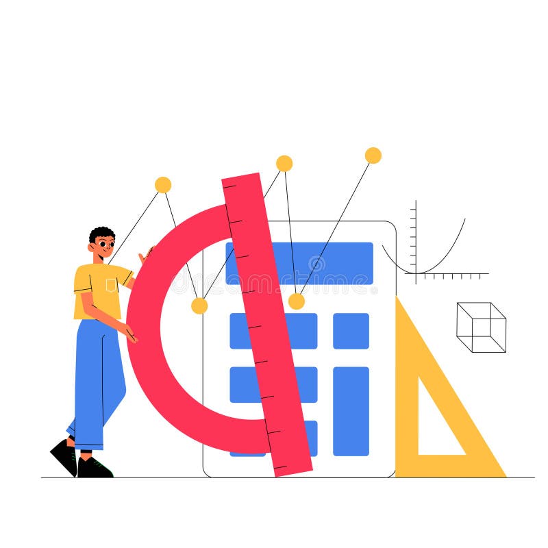 Male Character with Calculator and Geometric Tools in Flat Vector ...